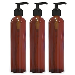 BRIGHTFROM Lotion Pump Bottles, Empty 8 OZ, BPA-Free Refillable Plastic Containers, Amber with Black Dispenser for - Soap, Shampoo, Lotions, Liquid Body Soap, Creams and Massage Oil (3 PACK)