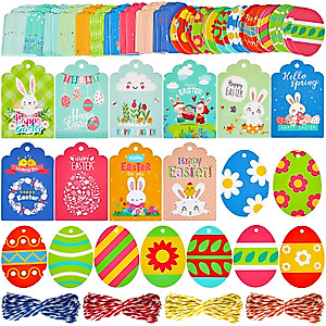 200 Pieces Easte Paper Tags Easter Egg Hanging Tag Happy Easter Paper Tag with 4 Rolls Hanging Twine Holiday Hanging Ornaments for Kids to Paint DIY Home Decoration, 20 Styles