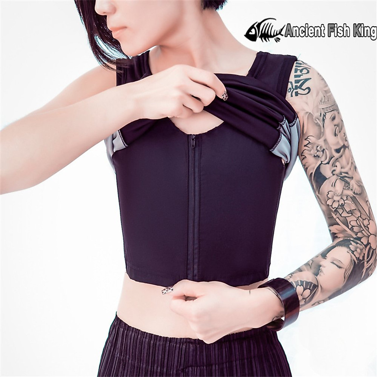 BaronHong Women Lesbian Tomboy Zip Up Chest Binder Quick-Drying Swimwear Vest Tank Top+Swimming Pants(Black,S)