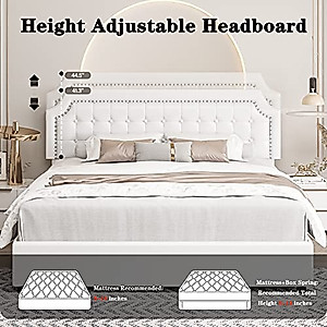 Queen Bed Frame with Storage and Adjustable Headboard, Bed Frame with 4 Drawers and Wooden Slats Support, No Box Spring Needed, Noise-Free, Pu, White
