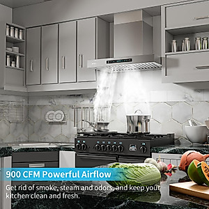 IKTCH 30"Wall Mount Range Hood, 900 CFM Ducted Range Hood with 4 Speed Fan, Durable Stainless Steel Range Hood 30 inch with Gesture Sensing & Touch Control IKP01-30