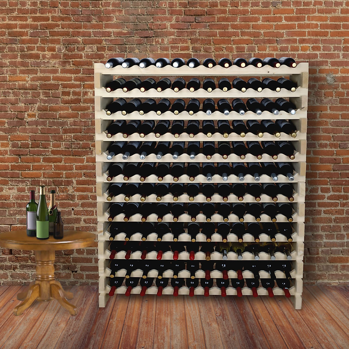 Stackable Modular Wine Rack Freestanding Storage Stand Display Shelves, Thick Wood Natural 12 X 12 Rows 144 Slots