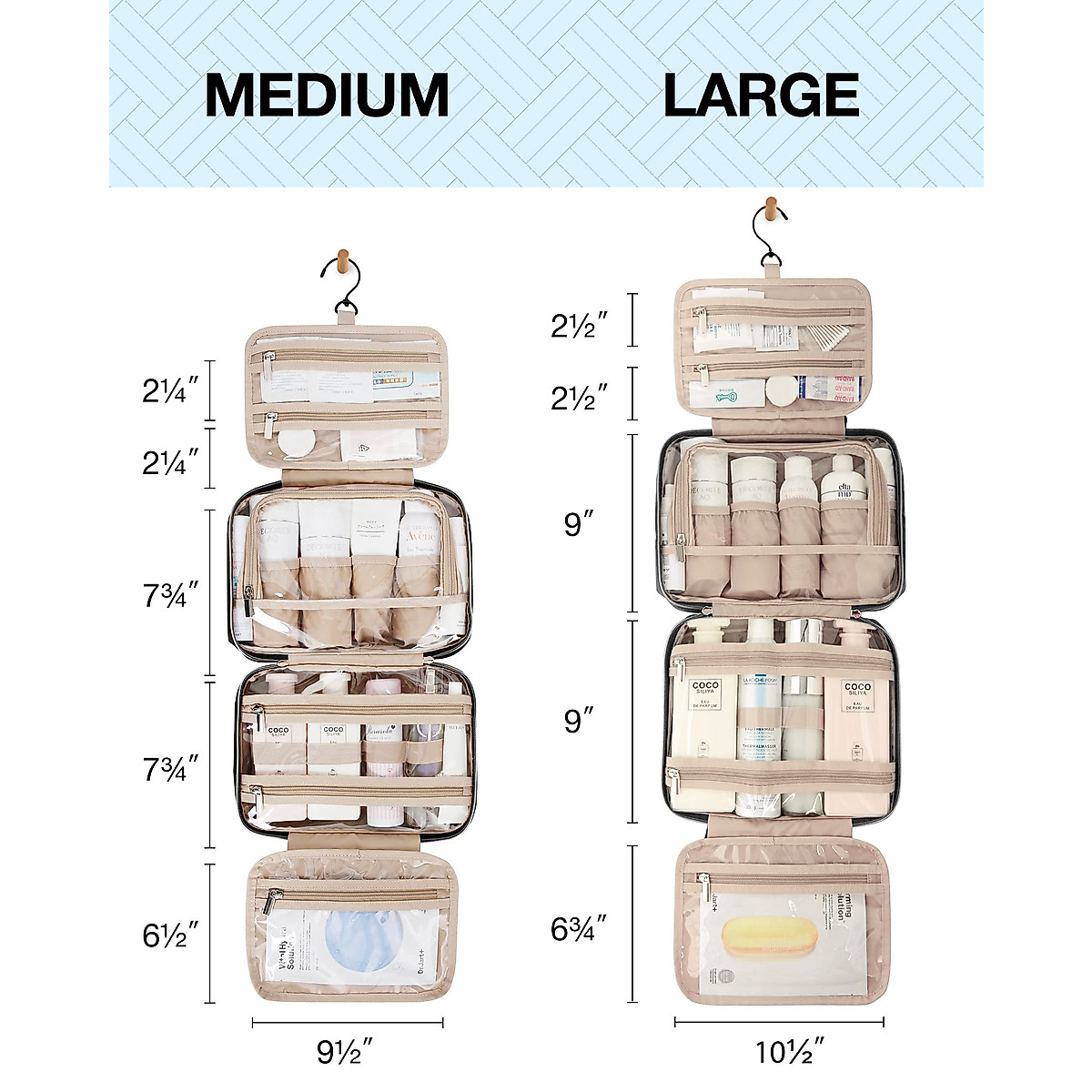 BAGSMART Toiletry Bag Hanging Travel Makeup Organizer with TSA Approved Transparent Cosmetic Bag Makeup Bag for Full Sized Toiletries, Large-Blck