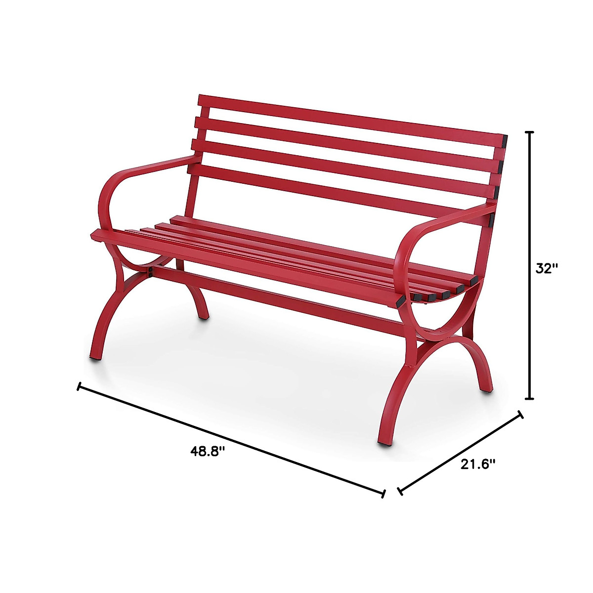 PHI VILLA Outdoor Garden Bench, 48” Long Metal Steel Bench with Backrest and Armrests, Modern Slatted Design for Patio, Lawn, Balcony, Yard, Porch and Indoor - Red