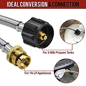 PatioGem Propane Hose, 5FT Propane Adapter 1lb to 20lb, Propane Adapter Hose, Propane Tank Adapter, fit for Weber/Coleman/Blackstone Grill, Buddy Heater, Smoker, Griddle, Camping Stove, Fire Pit
