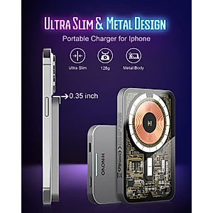 HINOVO 5000mAh Magnetic Wireless Power Bank, Transparent Portable Charger iPhone, Ultra Slim Battery Pack for Magsafe, Wireless Charger with 20W PD Fast Charge for iPhone 16/15/14/13/12 Series
