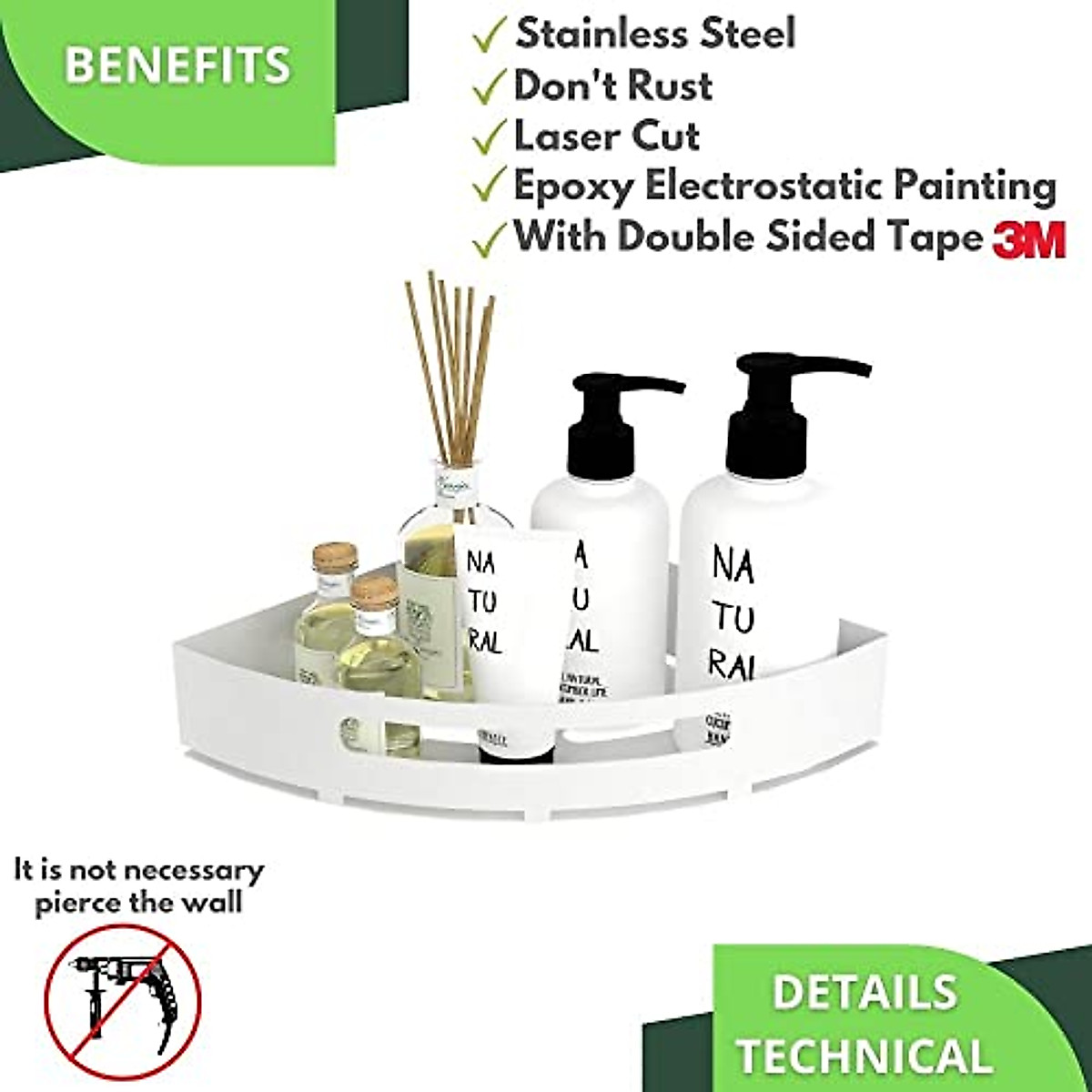 METALCROMO 1-Pack Shower Shelve for Tile Walls, No Drilling Required Stainless Steel Corner Shower Caddy for Shampoo Conditioner, Bathroom Organizer No Drilling (White)