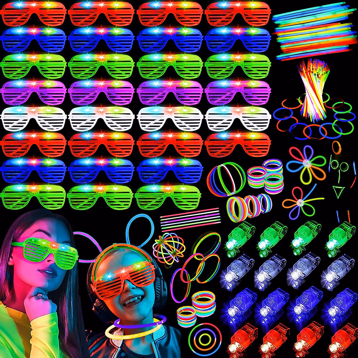 HHJ 190 PCS Glow in The Dark Party Supplies Glow Sticks Bulk Party Pack with 100 Glow Sticks 30 Led Glasses 60 Finger Lights Glow Party Favors for Kid Adult Birthday Wedding Concert 4th of July