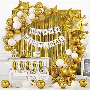 RUBFAC Gold Birthday Party Decorations Set Gold Birthday Banner Background Confetti Balloons and Tri-color Tassel Garland for Boys Girls Men Women Birthday Party