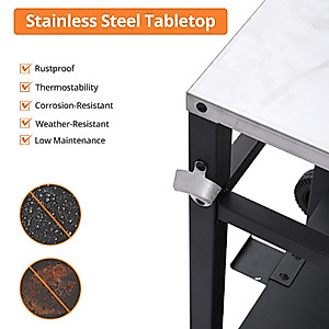 Dining Cart,Outdoor Grill Cart,Stainless Steel,with 4 Hooks, Double-Shelf,Side Handle,Wheels,Cooking Table for Outdoors, Kitchen or Backyard, Movable BBQ Trolley,Multifunctional and Commercial