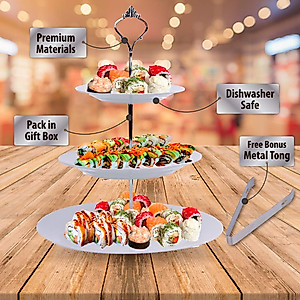 3 Tier Serving Tray Stand – Round Cupcake Dessert Party Platter with Bonus Serving Metal Tongs – Three Tiered Food Holder Display for Weddings, Tea Parties, Birthdays or Holiday Dinners