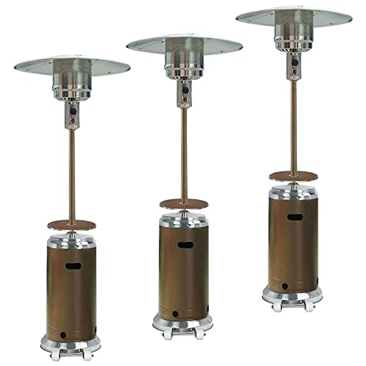 ROMONICA 48,000BTU Outdoor Patio Heater Tall Standing Hammered Finish Garden Outdoor Heater Propane Standing, with Wheels and Table, Large, Hammered Bronze/SS - 3 set