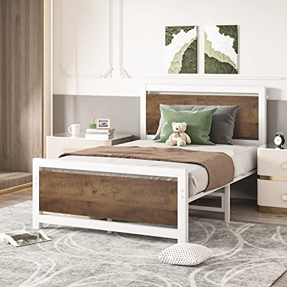 4 EVER WINNER Twin Bed Frames Wood with Headboard, Twin Size Platform Metal Bed Frame, Heavy Duty Steel Slat Twin Metal Bed Frames, No Box Spring Needed, Mattress Foundation, Anti-Slip, Easy Assembly