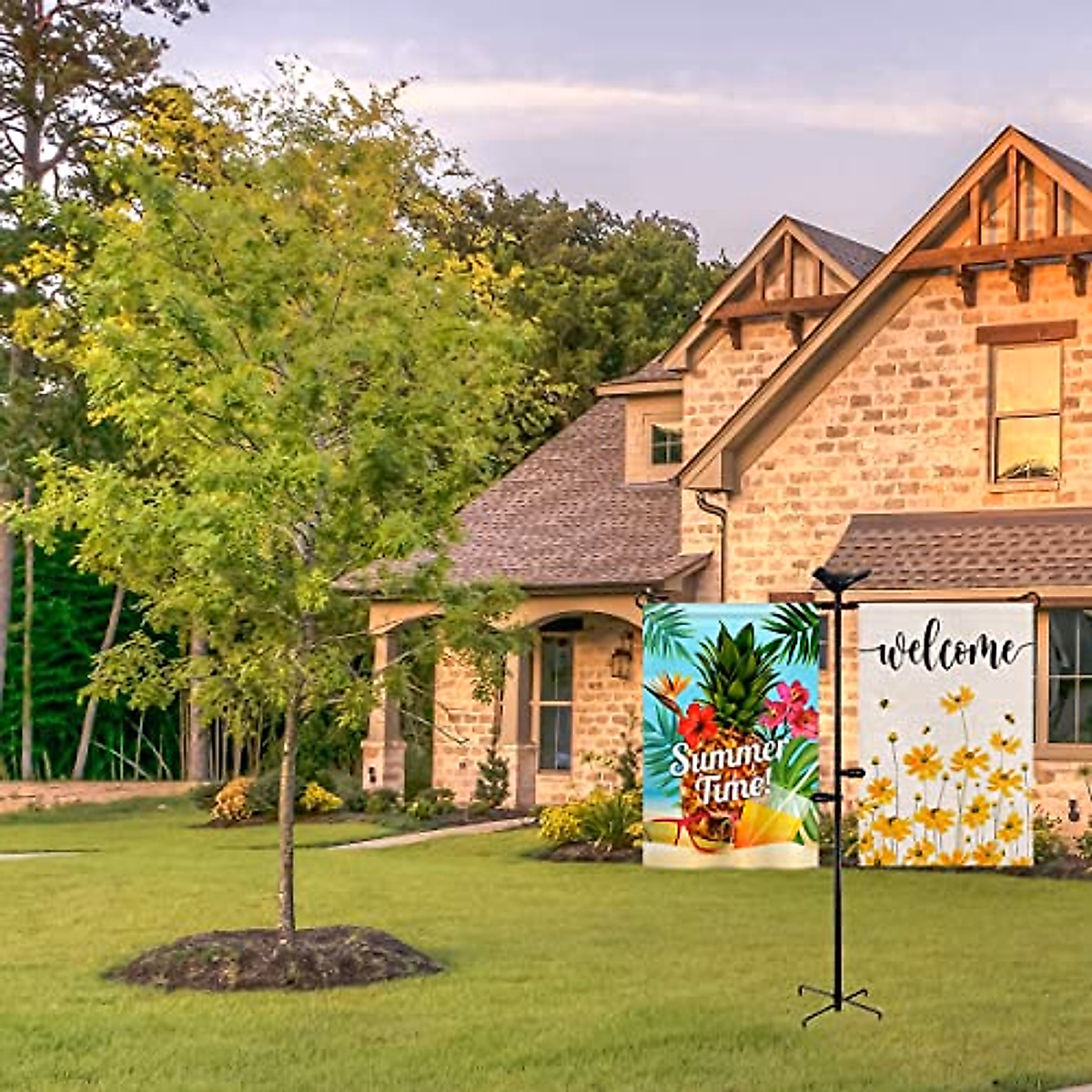 Upgraded 47 Inch Garden Flag Stand Holder Pole for Double Flags with 5 Prong Bases and Anti-Wind Clip for 12" x 18" Yard Flags Décor, Outdoor Iron Yard Flag Pole Garden Double Flags Holder