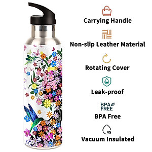 DJYQBFA Beautiful Girl Flower Fairy Water Bottle Modern BPA Free Water Bottles Vacuum Insulated Stainless Steel Floral Print Water Bottle with Straw for Gym Travel Hiking, 600ml