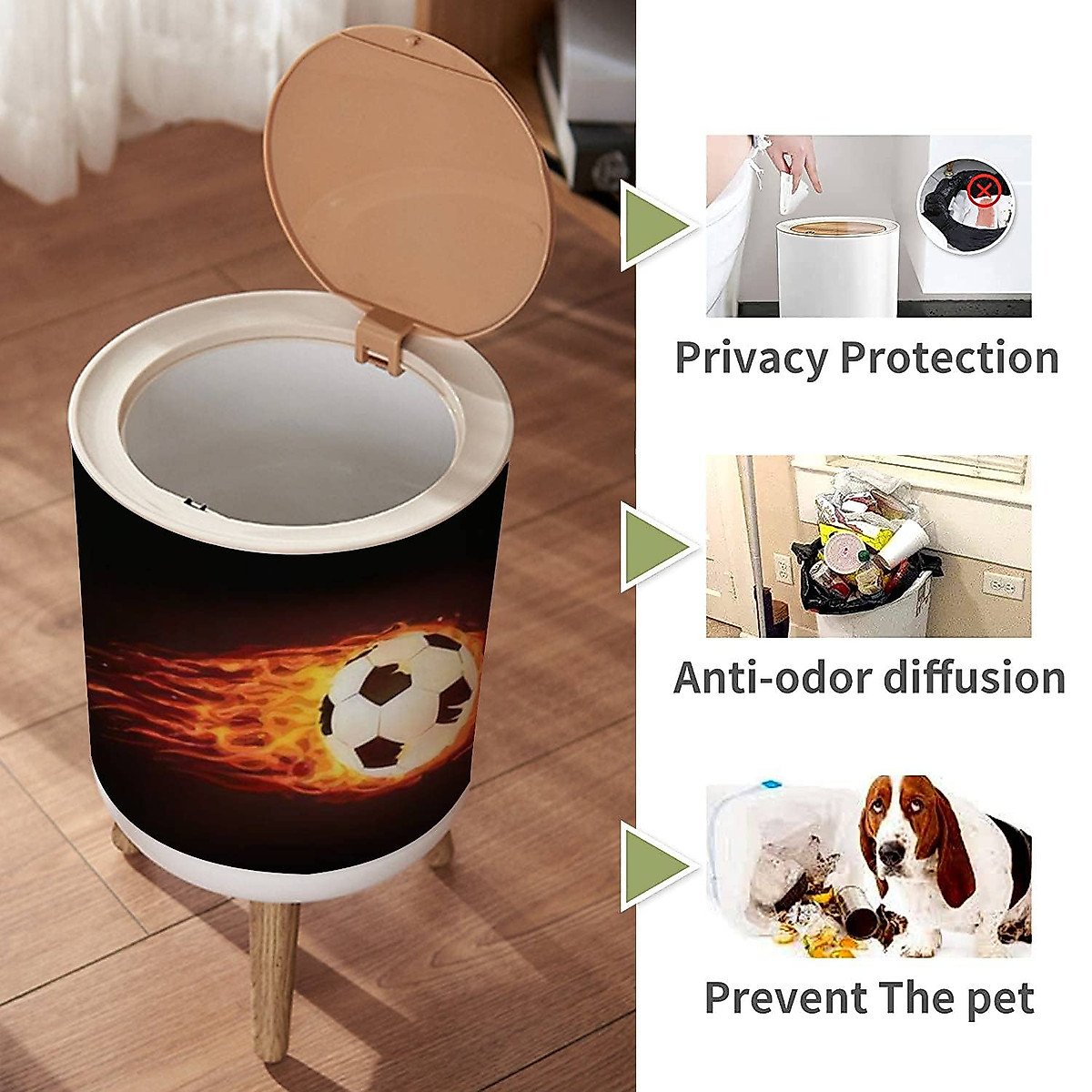 IBPNKFAZ89 Small Trash Can with Lid Soccer Ball in Fire Isolated on Black Garbage Bin Wood Waste Bin Press Cover Round Wastebasket for Bathroom Bedroom Office Kitchen