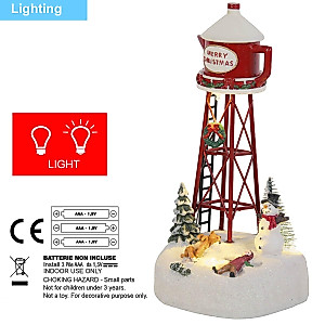 innodept12 New Christmas Village Watertower Lighted Accessories Decorations with Snowman, Dog and Boy Playing on The Ground
