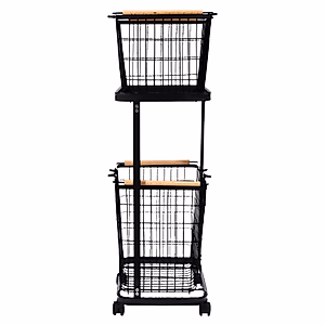 Rolling Laundry Bakset on Wheels, 2-Tier Metal Laundry Hamper Basket Butler Cart with 2 Removable Baskets and 4 Universal Wheels for Kitchen, Bathroom, Laundry Room