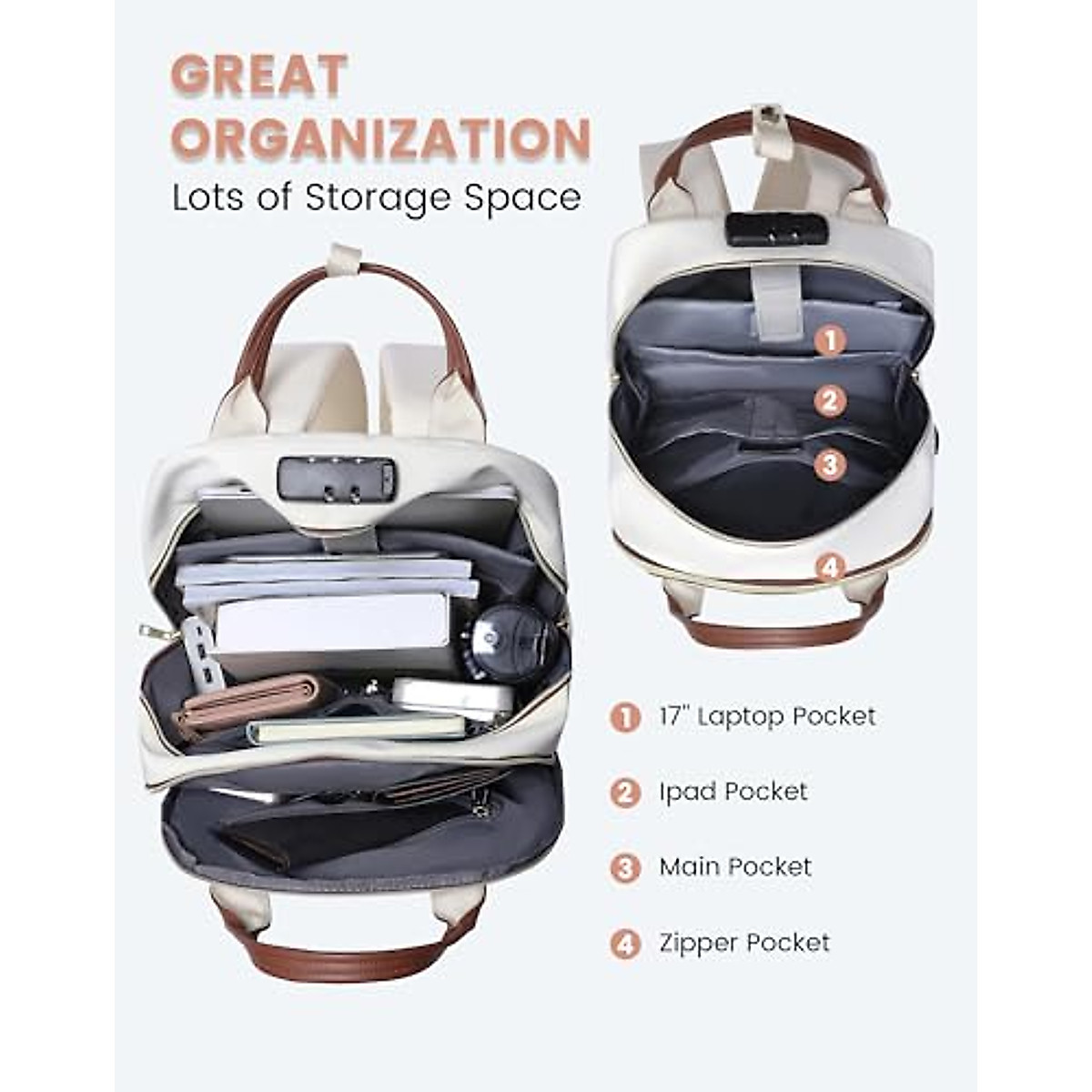 LOVEVOOK Laptop Backpack for Women, Anti-theft Work Travel Business Bag, 17 Inch Large Capacity Computer Backpacks Purse for Men, Casual Nurse Daypack with Lock, Beige-Brown