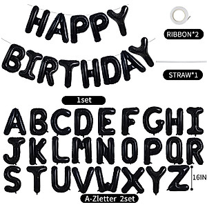 TONIFUL 65 Pcs Personalized Name Letter A-Z Balloons 16 Inch Black Happy Birthday Balloons and 2 Sets A-Z Foil Letters Balloons Create Your Own Name Banner for Birthday Celebration Party Decorations