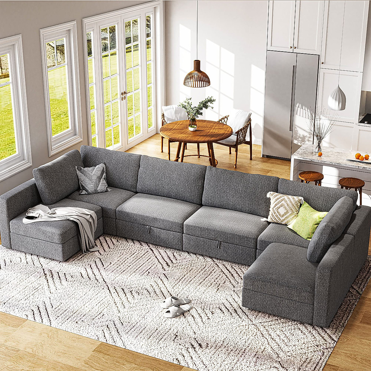 HONBAY Oversized Modular Sectional Sofa Reversible U Shaped Sectional Couch with Wide Chaise Modular Sofa with Storage Seat, Light Grey