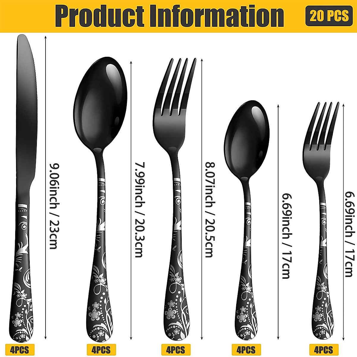 Vilihkc Unique floral pattern Silverware Set Mirror Polished Flatware Set Service for 4 Cutlery Set Stainless Steel Utensil Set for Kitchen Dishwasher Safe(20pcs)