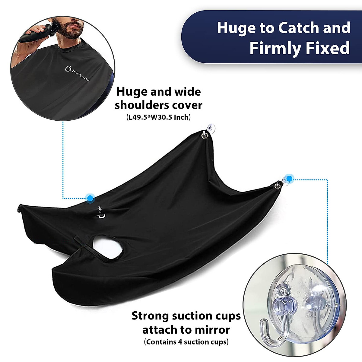 Beard Bib Apron, Beard Bib Hair Catcher for Shaving, Non-Stick Beard Shave Cape, with 4 Suction Cups, Grooming Accessories for Men, Gifts for Men Husband Father (Black)