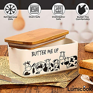 Lumicook porcelain butter dish with lid, Natural bamboo lid, seal included for airtight butter dish, butter holder easily fits 2 sticks of butter (White)