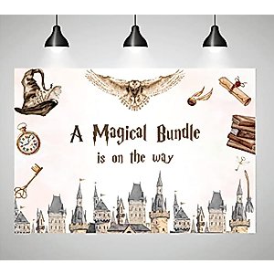 Magical Wizard Backdrop for Boys Girls A Magical Bundle is On The Way Happy Birthday Baby Shower Party Photography Background Kids Wizard Cake Table Banner Decorations 7x5ft