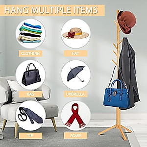 Azaeahom Coat Rack Freestanding with 8 Hooks 3 Adjustable Height Coat Racks Stand Clothing Hanger Stand Wooden Coat Tree Easy Assembly for Entryway, Bedroom, Hallway, Dormitory,OfficeNature