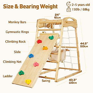 FUNLIO 7-in-1 Wood Indoor Playground for Toddlers 2-5, Montessori Climbing Toys with Solid Pine Wood, Indoor Jungle Gym for Kids with Swing/Slide/Climbing Rock/Net/Ladder/Monkey Bars/Gymnastic Rings