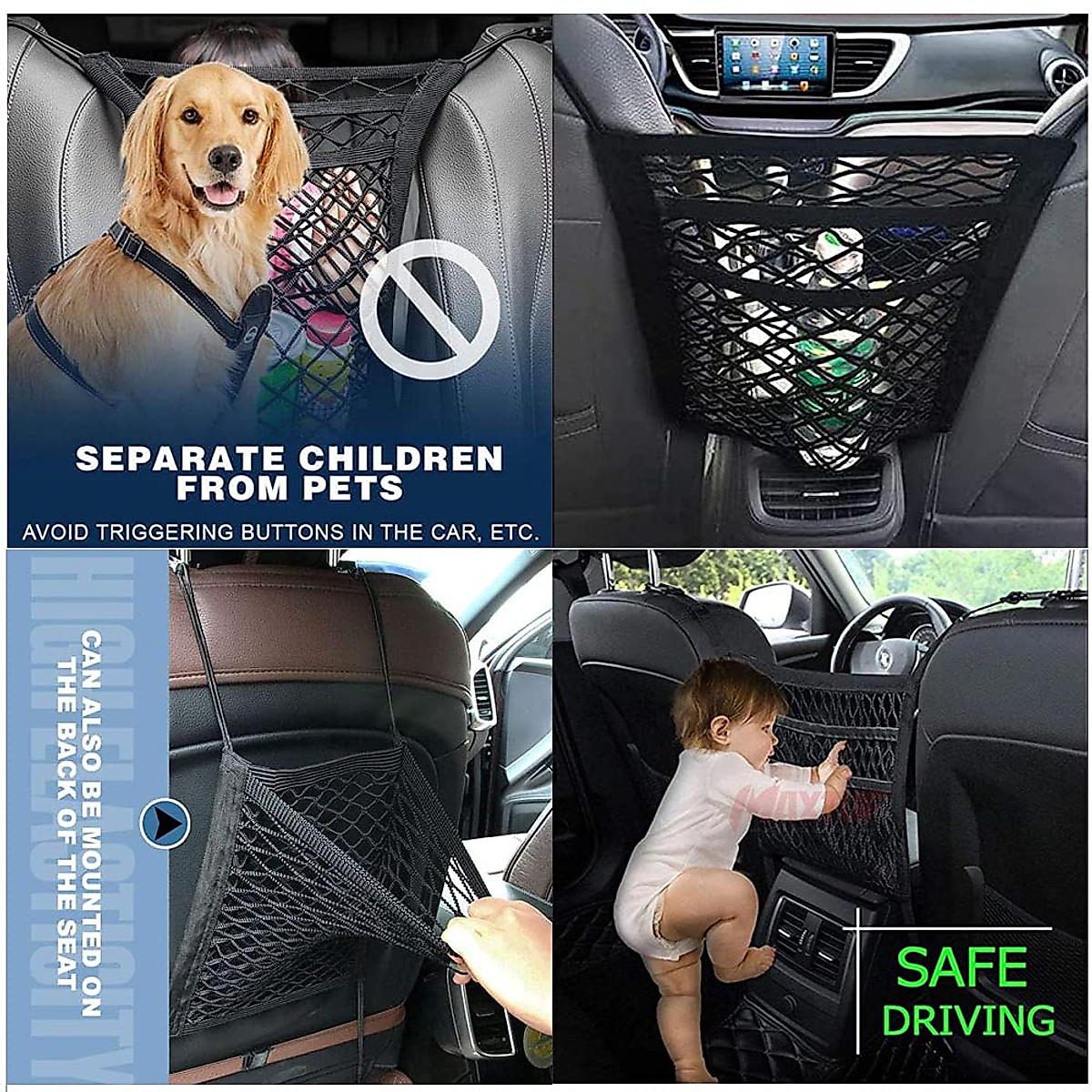 ASDSA Car Mesh Organizer Driver Elastic Storage Net Bag for Front seat Back Between Seats Barrier Pet Kids (3 Layers)