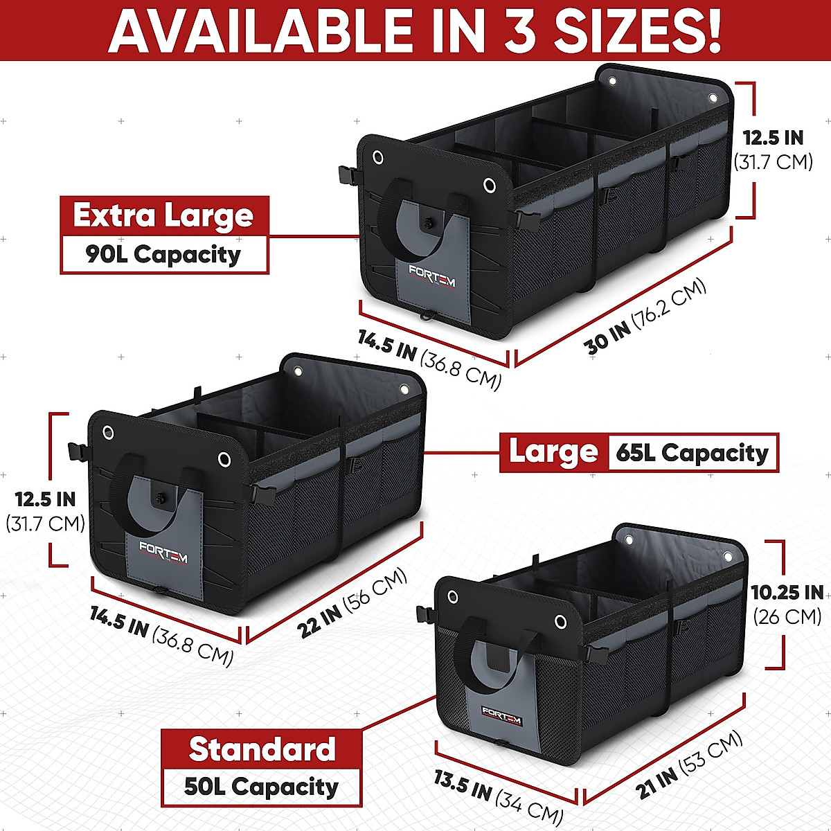 FORTEM SUV Trunk Organizer, Car Organizer, Collapsible Multi-Compartment Storage Bag for Car Accessories for Women Men, 1680D Oxford, Non Slip Bottom, Adjustable Straps, Soft Cover (65L)