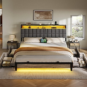 YITAHOME Queen Size Bed Frame with RGB LED Lights and 4 Drawers, Upholstered Platform Bed with Charging Station and Storage Headboard, No Box Spring Needed, Noise-Free, Fast Assembly, Rustic Grey