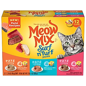 Meow Mix Paté in Gravy Wet Cat Food Variety Pack, Surf n’ Turf Patés 2.75 Ounce (Pack of 12)
