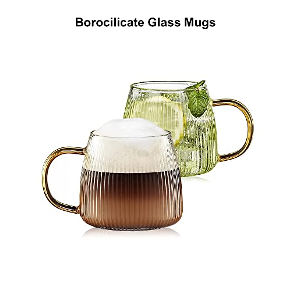 ZHMTang Premium Unique Glass Coffee Mugs Set of 2 Fancy Cups with Stylish Vertical Stripes Pattern - Light Yellow Handle (Clear)