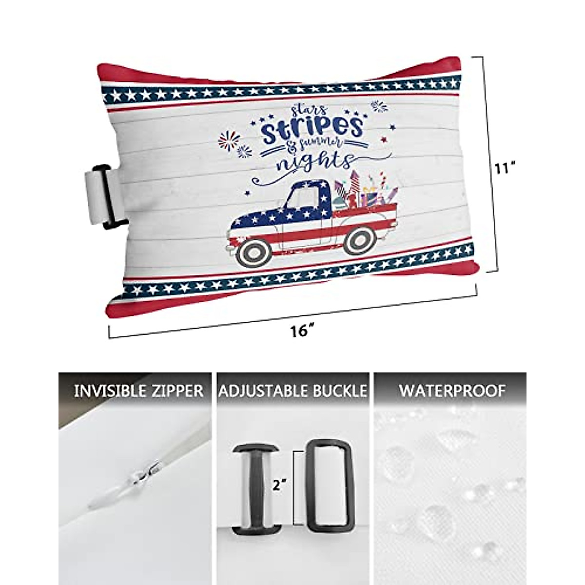 Recliner Head Pillow Ledge Loungers Chair Pillows with Insert 4th of July Truck Red and Blue Stripes Wood Lumbar Pillow with Adjustable Strap Outdoor Waterproof Patio Pillows for Beach Pool, 2 PCS