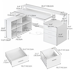 DWVO L Shaped Desk with Power Outlets & LED Lights, 65" Computer Desk with Drawers, Corner Desk Office Desk with File Cabinet & Printer Stand, White