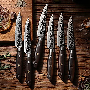 KONOLL Steak Knives Set of 6 Steaks Knife Serrated Blade Forged Handmade German High Carbon Steel with Full Tang Wood Handle