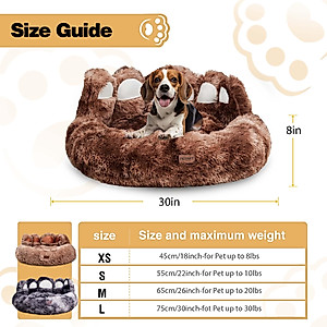 PETART Cute Dog Bed, Fluffy Cozy Bear Paw Shape Plush Round Cat Bed for Small, Medium Dogs & Large Cats,Comfortable Sleeping Puppy Cushion, Ideal for Indoor Use（Black&Coffee,18inch