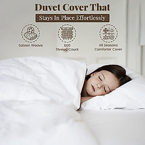 Decfair 100% Egyptian Cotton Duvet Cover Set King Size 600 Thread Count Soft and Smooth Sateen Weave All Seasons Bedding 7 Corner Ties and Zipper - 1 White King Duvet Cover and 2 Pillow Shams