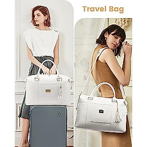 LOVEVOOK Travel Duffle Bag for Women, Leather Carry On Weekender Bag with Toiletry Bag, Cute Overnight Bag Tote Gym Duffel Bag with Wet Pocket for Hospital Yoga Sports Dance White
