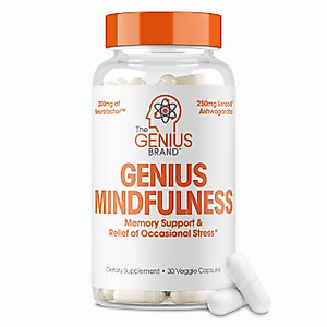 Genius Mindfulness Supplement, Nootropic Cognitive Brain Booster Enhances Memory, Focus & Energy - Natural Calming Supplement with Ashwagandha, NeuroFactor, & Blueberry Extract - 30 Veggie Capsules