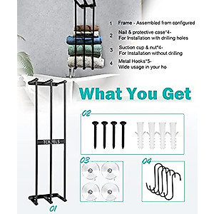 KOCWELL Towel Racks for Bathroom Wall Mounted, 3 Bar Bathroom Towel Holder with Extra 4 Suction Cups and 5 Hooks, Bathroom Towel Storage, Metal Bath Towel Holder for Large Towel Washcloths, Black