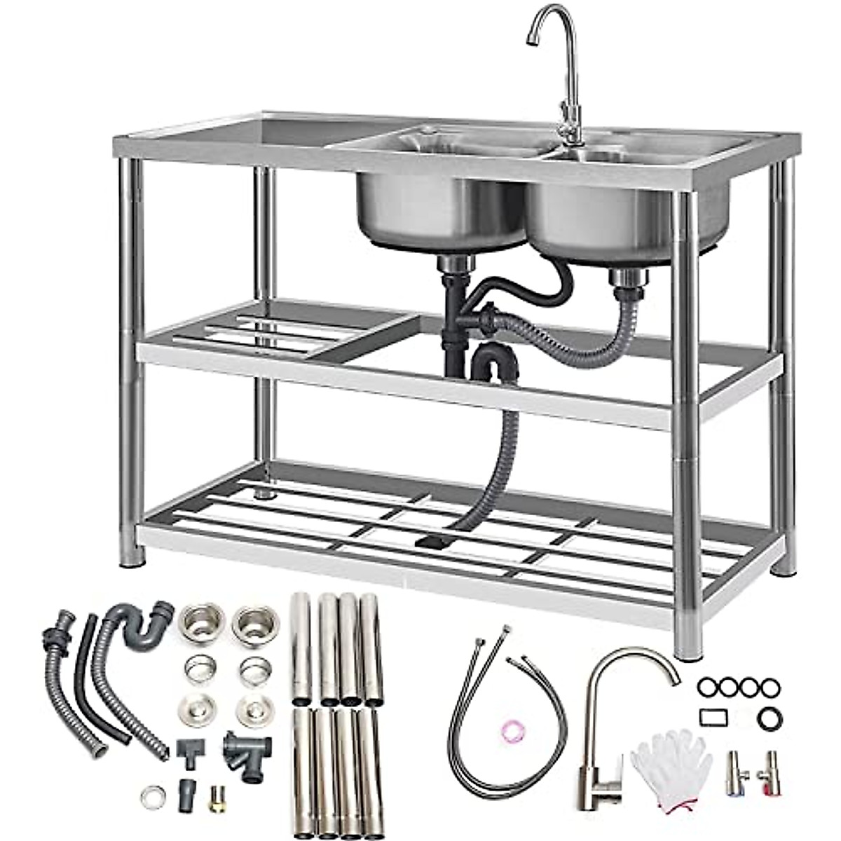 Utility Sink, 2 Compartment Stainless Steel Commercial Kitchen Prep & Utility Sink with Drainboard - Expanded Size 47" x 33" x 17"