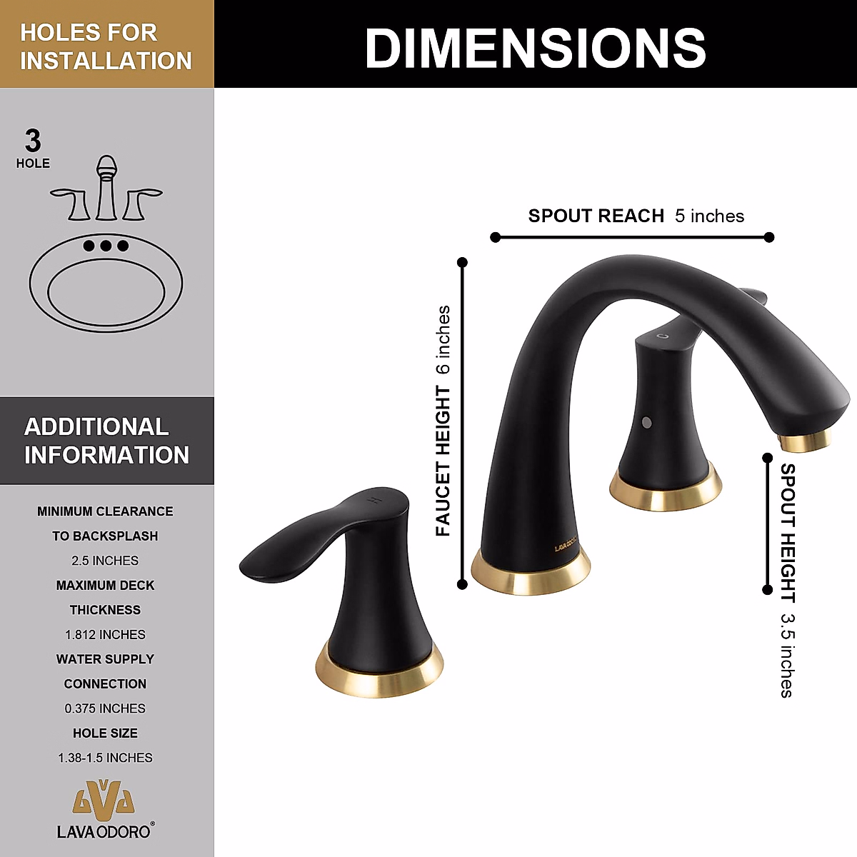 Black and Gold Bathroom Faucet 3 Hole, Lava Odoro 8 inch Widespread Bathroom Faucet 2 Handle Bathroom Sink Faucet Vanity Faucet with Drain Assembly Supply Line, BF405-GB