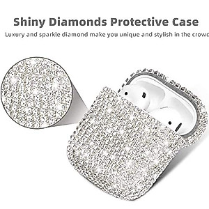 Luxurious Shining Rhinestone Diamante Apple AirPods Case, Bling Sparkle Protective Cover Carrying Mickey Ball Keychain for Airpods 2nd & 1st Gen,Shockproof Anti-Scratch Anti-dust (Silver)