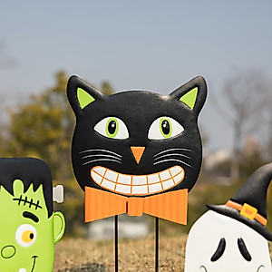 Glitzhome 42''H 4pcs Metal Halloween Outdoor Yard Stakes,Halloween Ghost/Pumpkin/Black Cat/Frankenstein Stakes or Hanging Decor,Halloween Porch Standing Sign for Lawn Garden Home Party (2030200005)