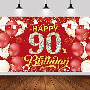 6x3.6FT Red Gold 90th Happy Birthday Backdrop,Red Gold Happy Birthday Photography Background Banner for Birthday Party Backdrop for Men Women Birthday Party Supplies Decoration.