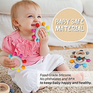 Baby Teething Toys, Silicone Chewable Teethers with Wooden Ring for Soothing Babies Gums, Rudder Chewers Shower Gift for lnfants & Toddlers, 3+ Months (6 Directions, Gray)